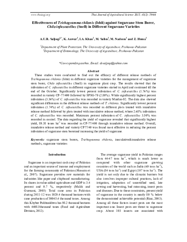 (PDF) Effectiveness of Trichogramma chilonis (Ishii) against Sugarcane Stem Borer, Chilo ...
