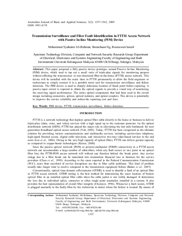 (PDF) Transmission Surveillance and Fiber Fault Identification in FTTH ...