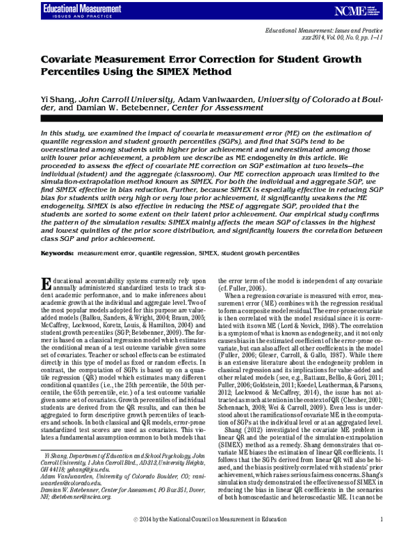 (PDF) Covariate Measurement Error Correction for Student Growth Percentiles Using the SIMEX Method
