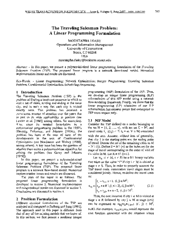 Pdf The Traveling Salesman Problem A Linear Programming Formulation Of Moustapha Diaby