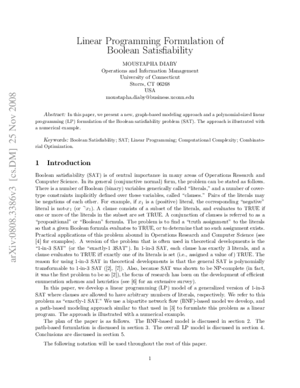 Pdf Linear Programming Formulation Of Boolean Satisfiability Problem Moustapha Diaby