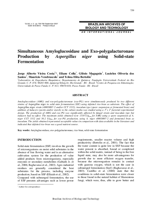 Pdf Simultaneous Amyloglucosidase And Exo Polygalacturonase Production By Aspergillus Niger
