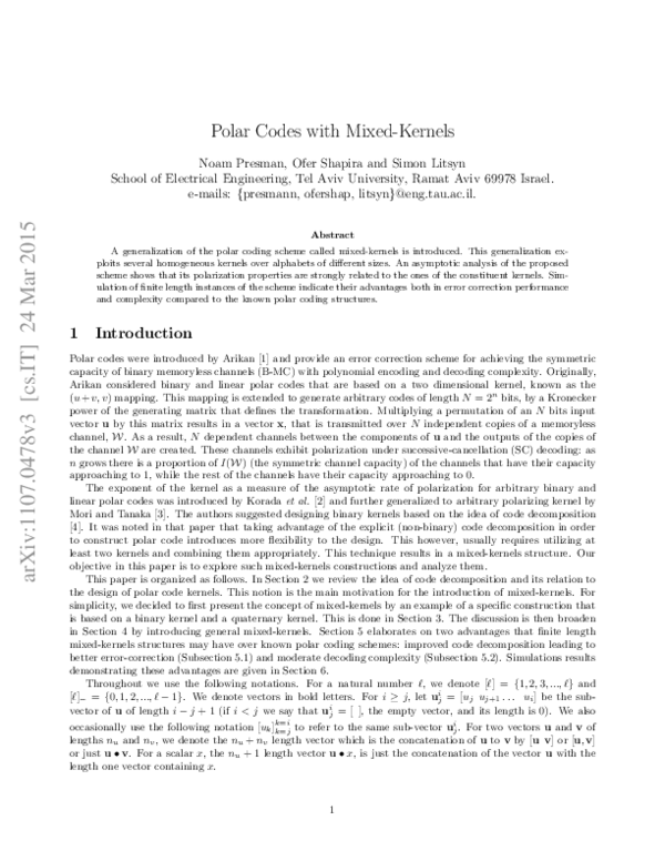 (PDF) Polar codes with mixed kernels