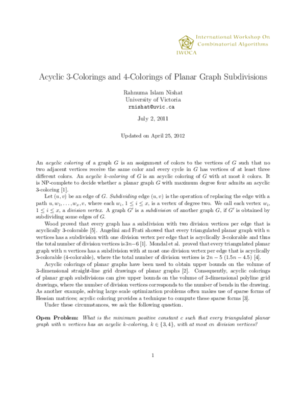 (PDF) Acyclic 3-Colorings and 4-Colorings of Planar Graph Subdivisions