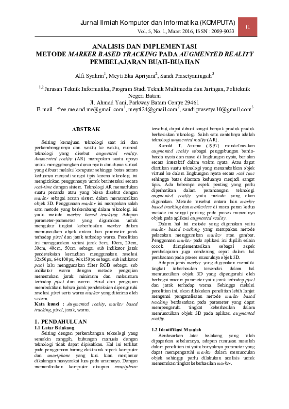 (PDF) Analisis Dan Implementasi Metode Marker Based Tracking Pada Augmented Reality Pembelajaran ...