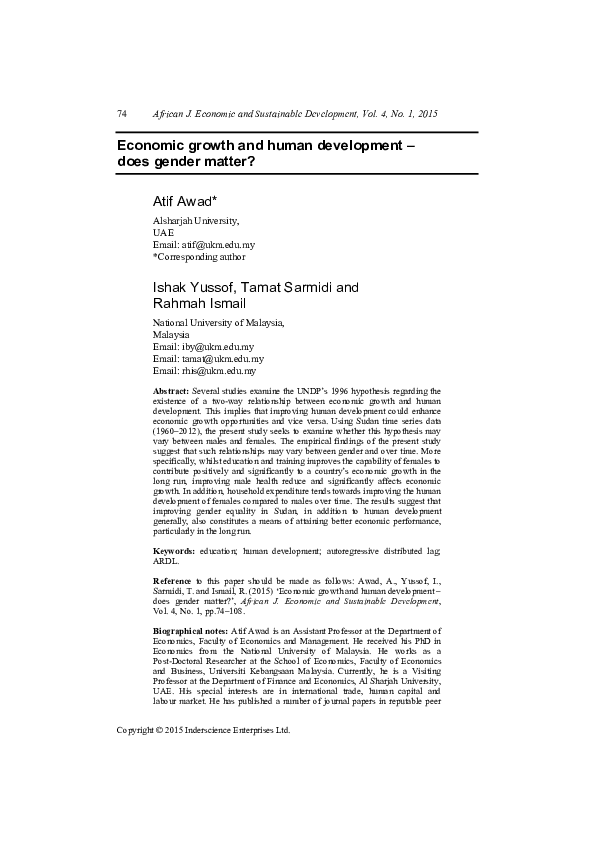 (PDF) Economic growth and human development - does gender matter?