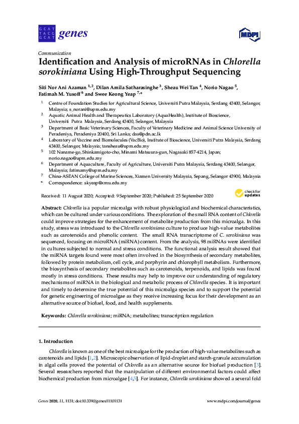 (PDF) Identification and Analysis of microRNAs in Chlorella sorokiniana Using High-Throughput ...