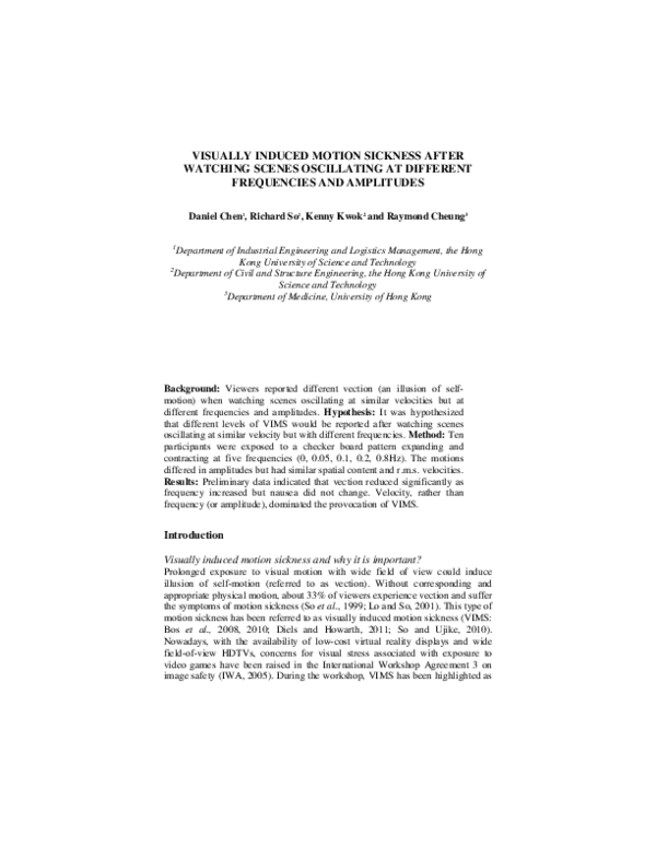 (PDF) Visually induced motion sickness after watching scenes oscillating at different ...