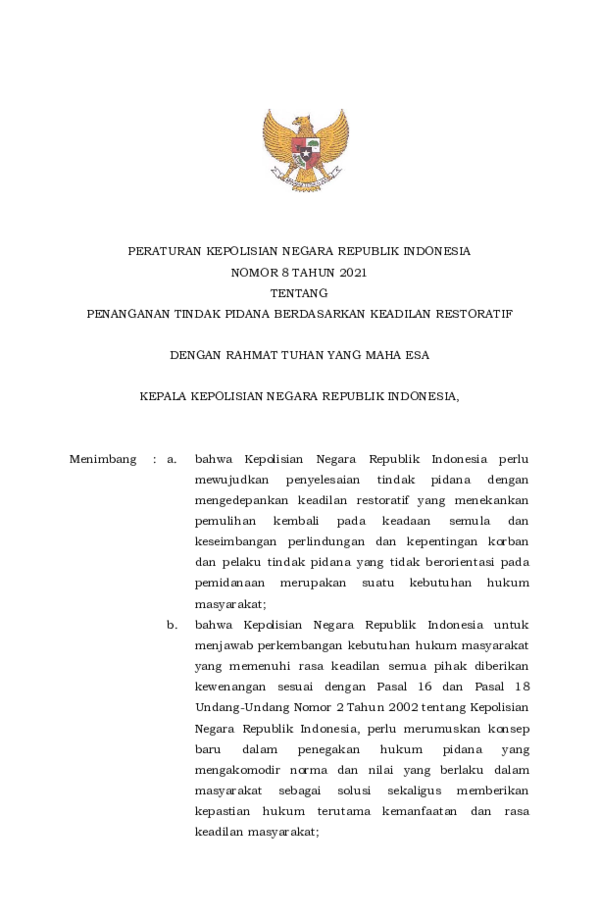 (PDF) Per POLRI No 8 Tahun 2021 Tentang Penanganan Tindak Pidana Berdasarkan Keadilan Restoratif