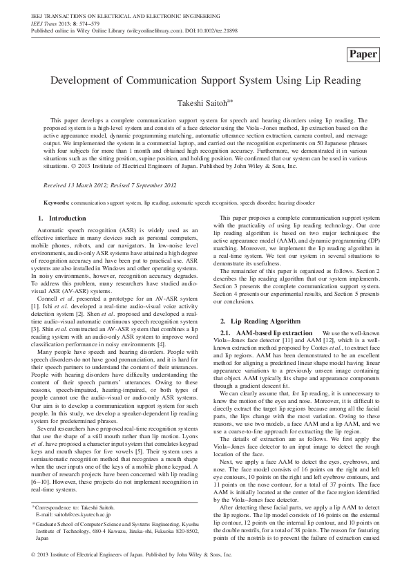 (PDF) Development of communication support system using lip reading