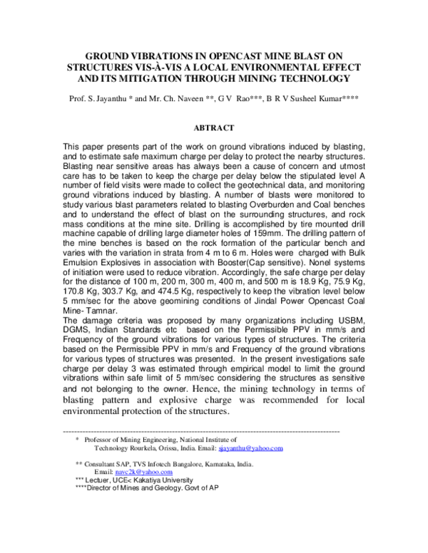 (PDF) Ground Vibrations in Opencast Mine Blast on Structures Vis-À-Vis a Local Environmental ...