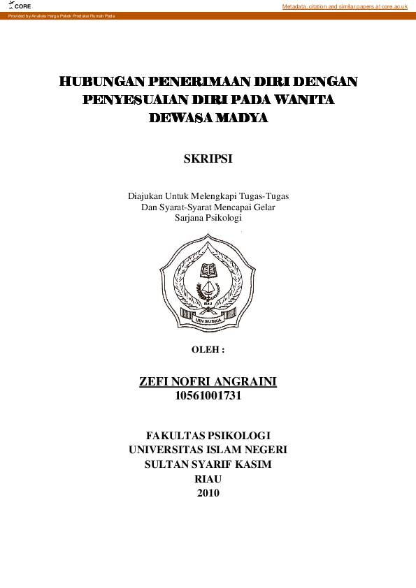 (PDF) Hubungan Penerimaan Diri Dengan Penyesuaian Diri Pada Wanita Dewasa Madya | zefi angraini ...
