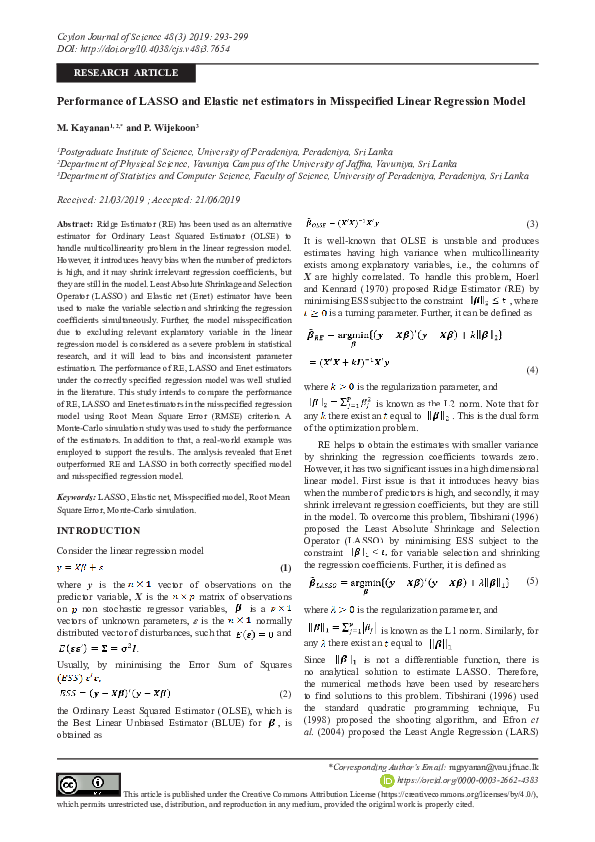 Pdf Performance Of Lasso And Elastic Net Estimators In Misspecified Linear Regression Model 