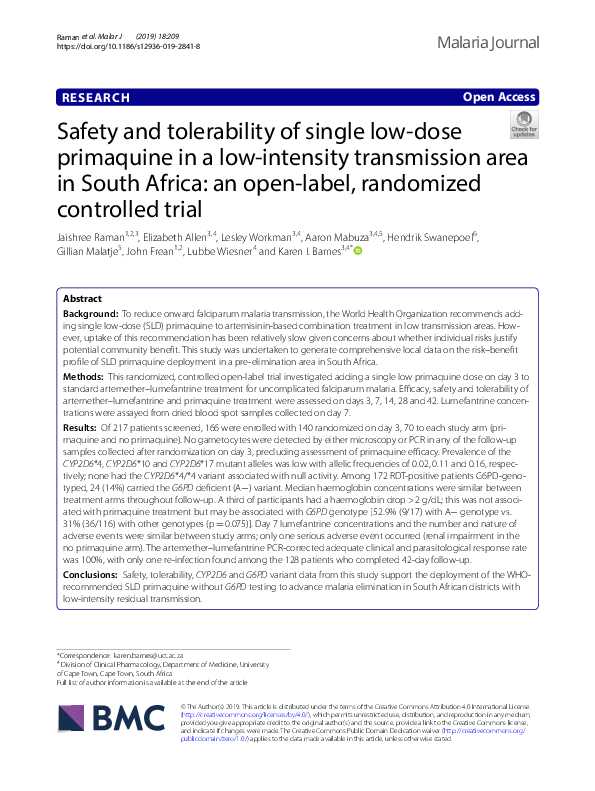 (PDF) Safety and tolerability of single low-dose primaquine in a low ...