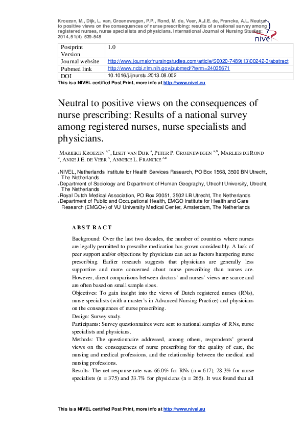 (PDF) Neutral to positive views on the consequences of nurse ...