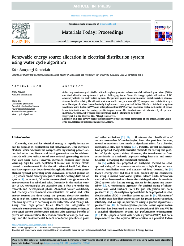 Pdf Renewable Energy Source Allocation In Electrical Distribution System Using Water Cycle