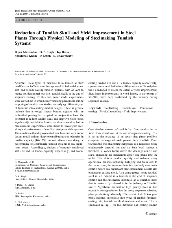 (PDF) Reduction of Tundish Skull and Yield Improvement in Steel Plants ...