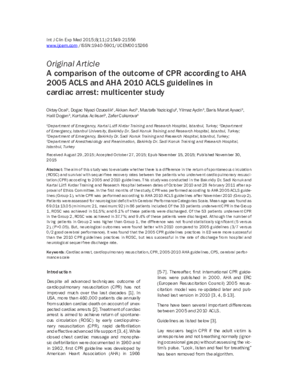 (PDF) A comparison of the outcome of CPR according to AHA 2005 ACLS and ...