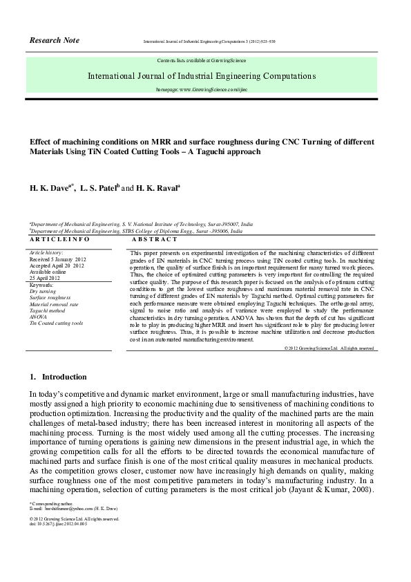 Pdf Effect Of Machining Conditions On Mrr And Surface Roughness During Cnc Turning Of