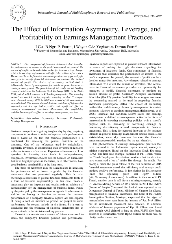 (PDF) The Effect of Information Asymmetry, Leverage, and Profitability on Earnings Management ...