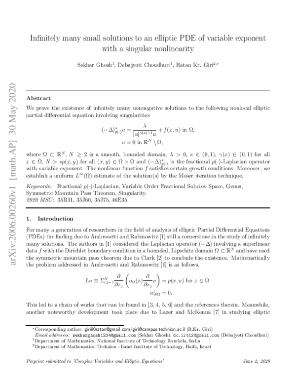 (PDF) Infinitely many small solutions to an elliptic PDE of variable exponent with a singular ...