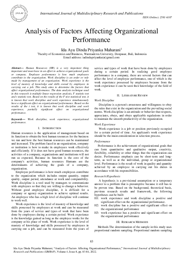 Pdf Analysis Of Factors Affecting Organizational Performance