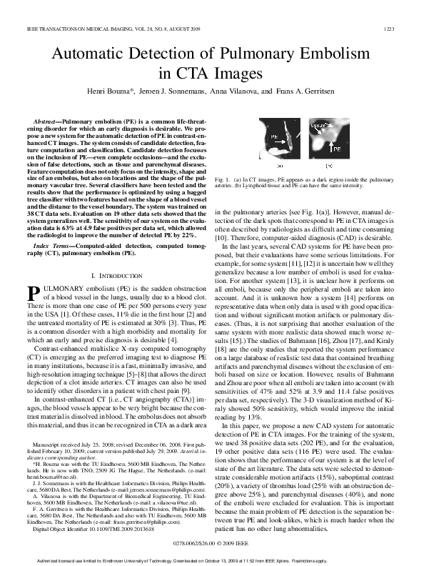 (PDF) Automatic Detection of Pulmonary Embolism in CTA Images | Sinan Sahin - Academia.edu