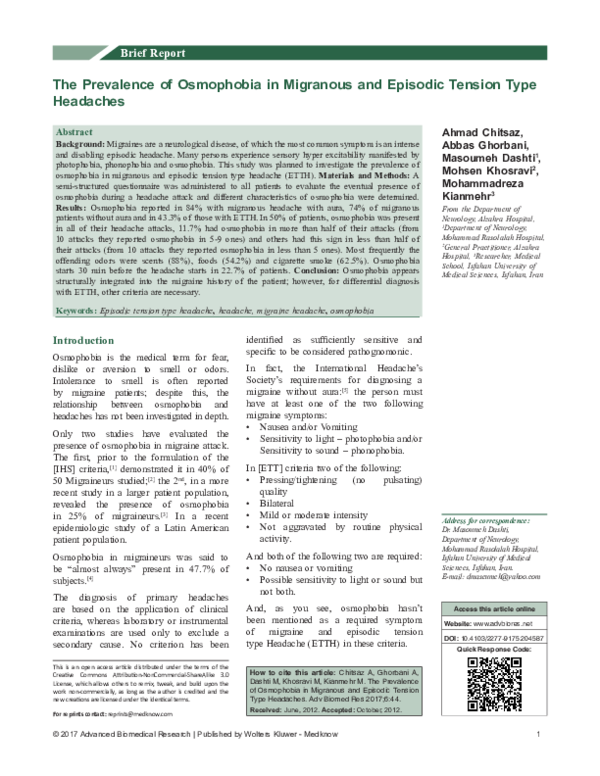 (PDF) The Prevalence of Osmophobia in Migranous and Episodic Tension ...