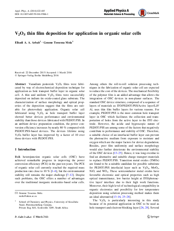 (PDF) V2O5 thin film deposition for application in organic solar cells