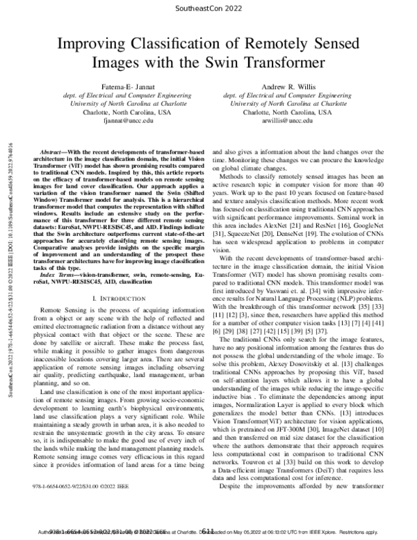 Pdf Improving Classification Of Remotely Sensed Images With The Swin Transformer
