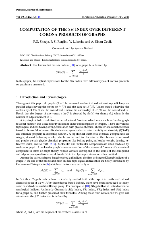 (PDF) Computation of the SK Index Over Different Corona Products of Graphs