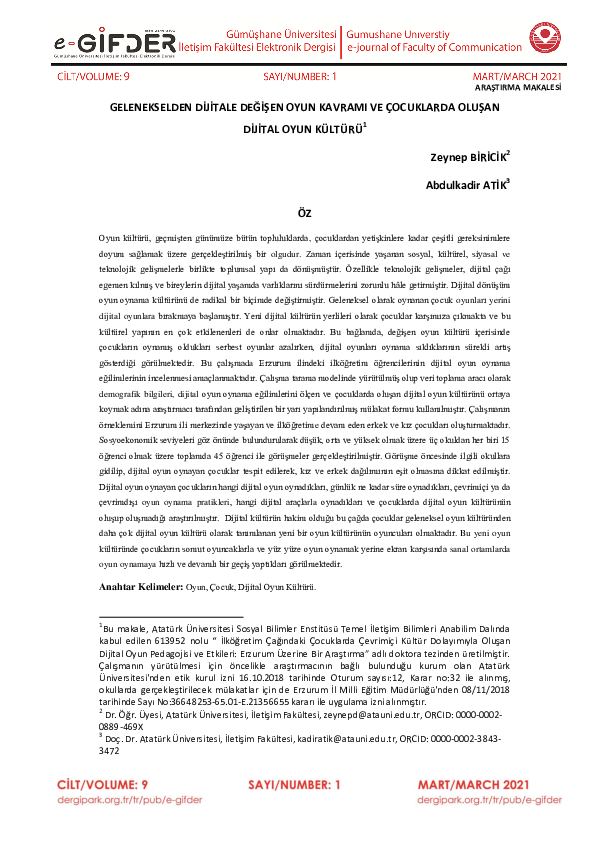 (PDF) Gelenekselden Di̇ji̇tale Deği̇şen Oyun Kavrami Ve Çocuklarda ...