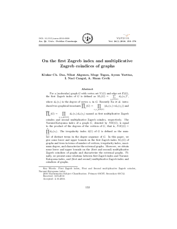 (PDF) On the first Zagreb index and multiplicative Zagreb coindices of graphs