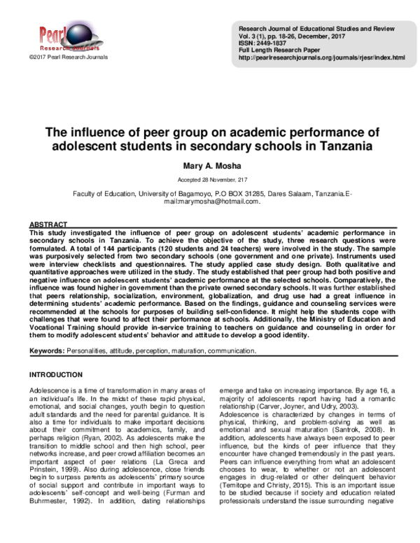 (PDF) The influence of peer group on academic performance of adolescent ...