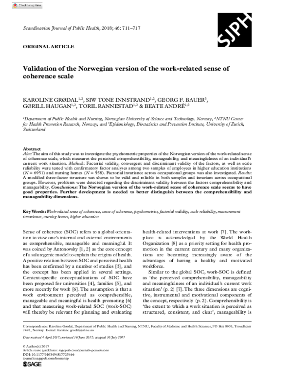 (PDF) Validation of the Norwegian version of the work-related sense of ...