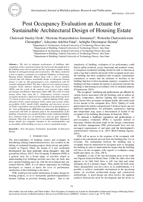 (PDF) Post Occupancy Evaluation an Actuate for Sustainable ...