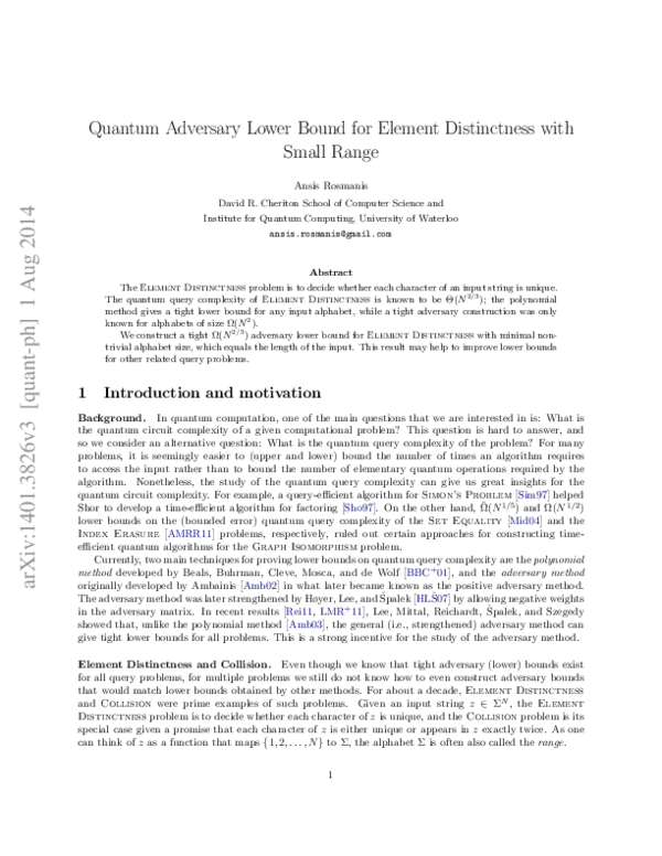 (PDF) Adversary Lower Bound for Element Distinctness with Small Range