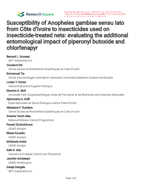 (PDF) Susceptibility of Anopheles gambiae sensu lato from Côte d’Ivoire to insecticides used on ...