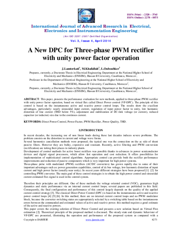 Pdf A New Dpc For Three Phase Pwm Rectifierwith Unity Power Factor Operation