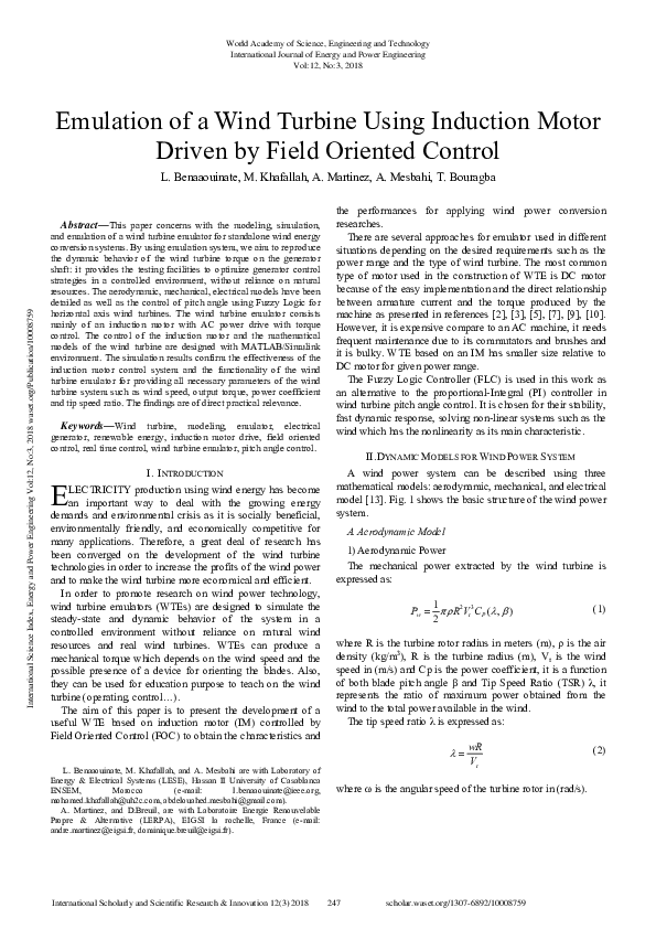 (PDF) Emulation Of A Wind Turbine Using Induction Motor Driven By Field Oriented Control