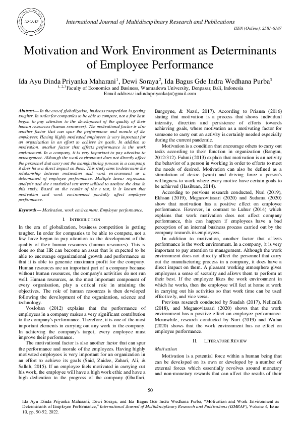 (PDF) Motivation and Work Environment as Determinants of Employee ...