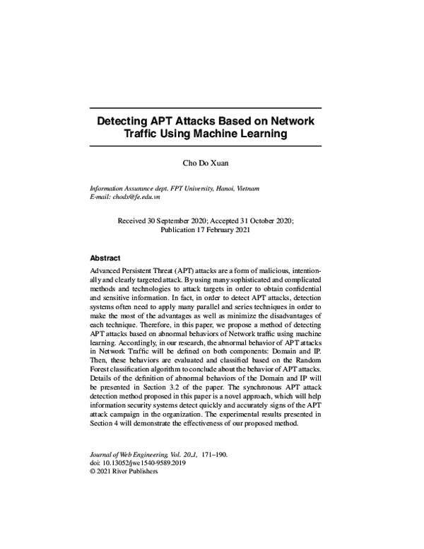 Pdf Detecting Apt Attacks Based On Network Traffic Using Machine Learning