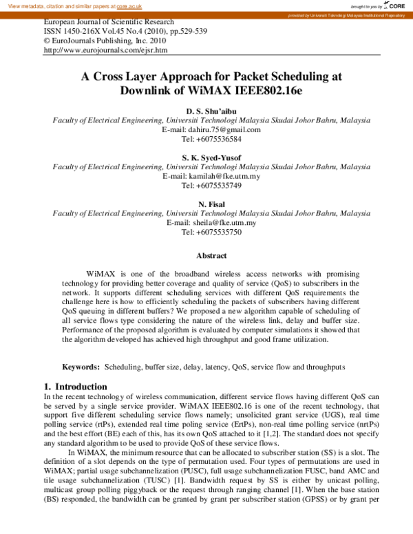 (PDF) A Cross Layer Approach for Packet Scheduling at Downlink of WiMAX IEEE802. 16e