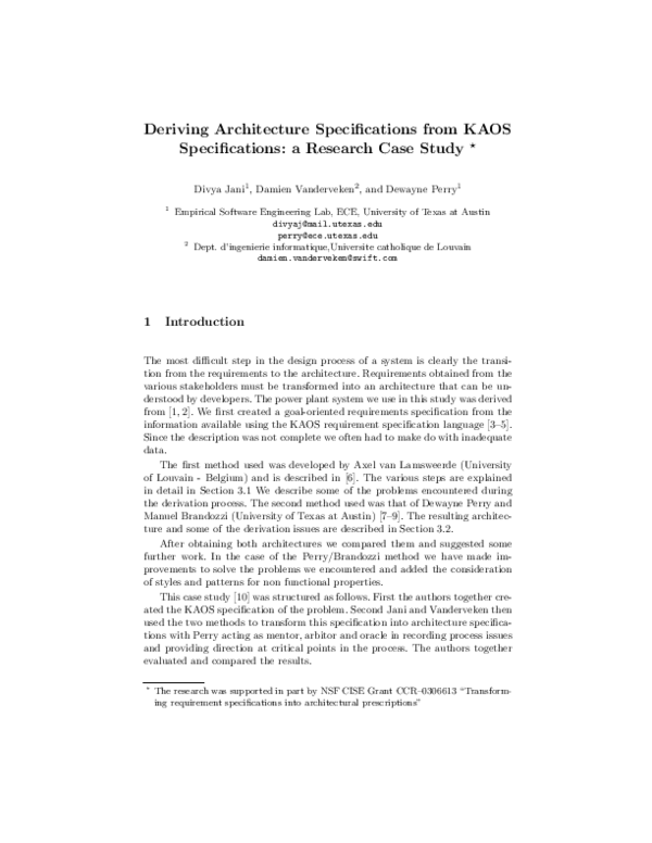 (PDF) Deriving Architecture Specifications from KAOS Specifications: A Research Case Study