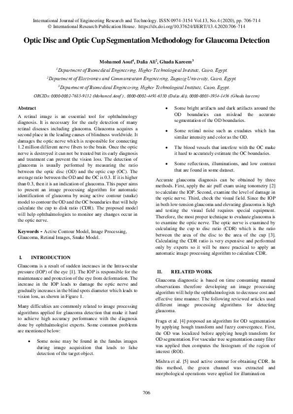 Pdf Optic Disc And Optic Cup Segmentation Methodology For Glaucoma Detection Ghada Kareem