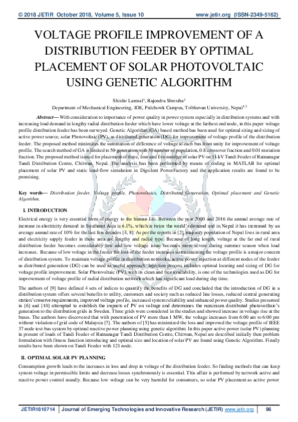 (PDF) Voltage Profile Improvement of a Distribution Feeder by Optimal Placement of Solar ...