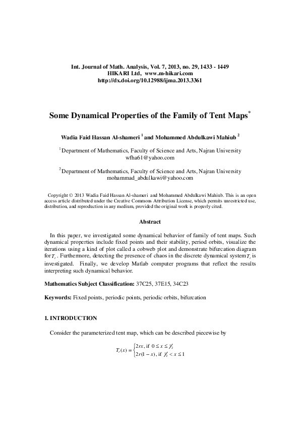 (PDF) Some dynamical properties of the family of tent maps