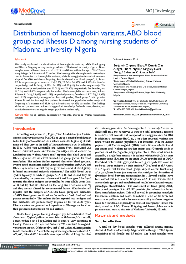 (PDF) Distribution of haemoglobin variants, ABO blood group and Rhesus ...