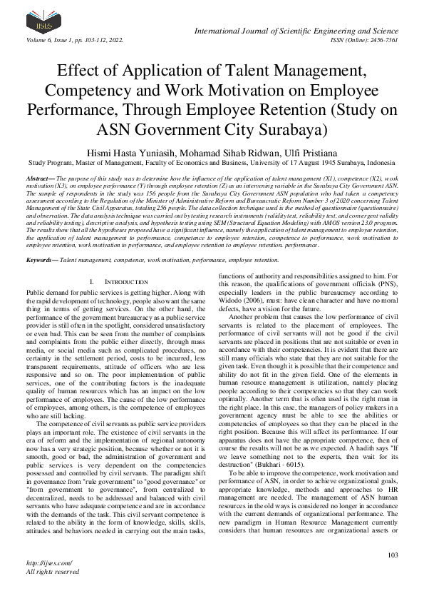 (PDF) Effect of Application of Talent Management, Competency and Work Motivation on Employee ...