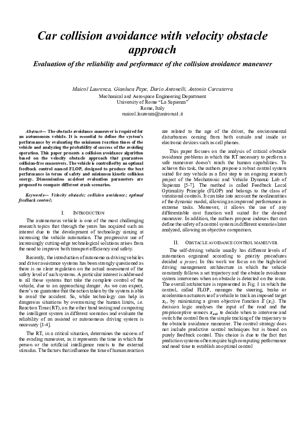 (PDF) Car collision avoidance with velocity obstacle approach: Evaluation of the reliability and ...